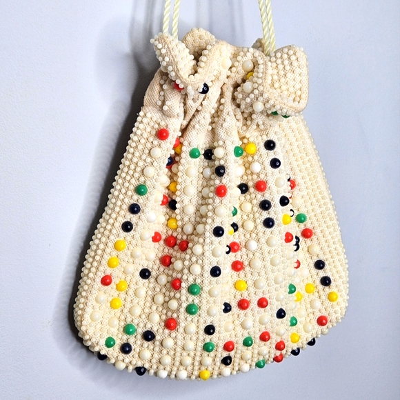 Vintage | Bags | Vintage Cream Color Beaded Drawstring Bag With Rainbow ...